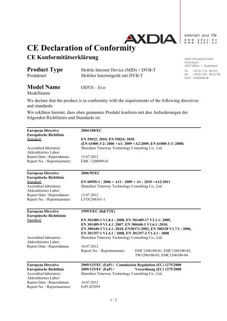 CE Declaration of Conformity - Odys