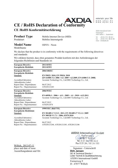 CE / RoHS Declaration of Conformity - Odys