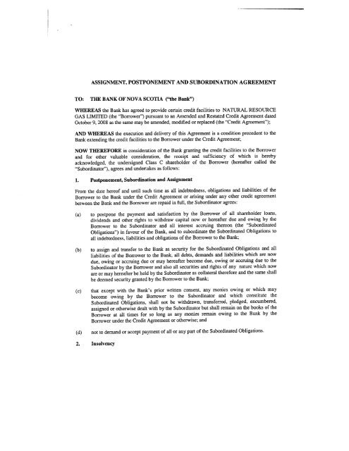assignment, postponement and subordination agreement