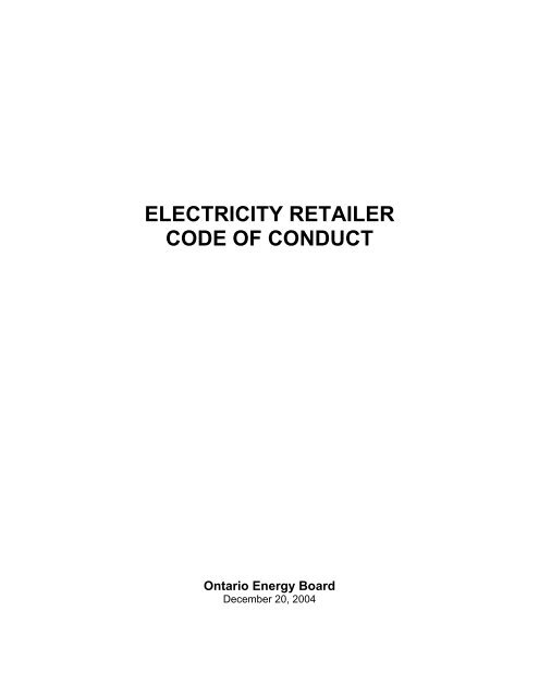 Electricity Retailer Code of Conduct - Ontario Energy Board