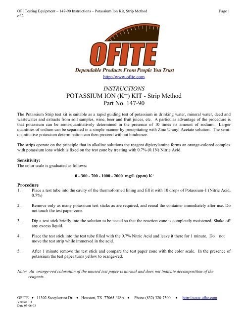 147-90 - Potassium Ion Test Kit - OFI Testing Equipment, Inc.