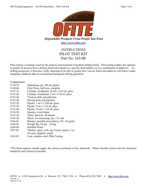 Pilot Test Kit - OFI Testing Equipment, Inc.