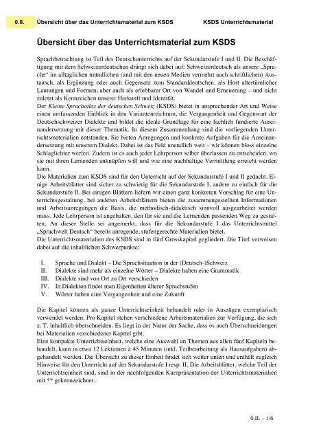 Übersicht über das Unterrichtsmaterial zum KSDS