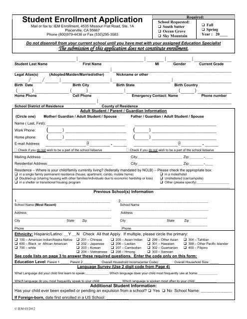 Student Enrollment Application - Ocean Grove Charter School