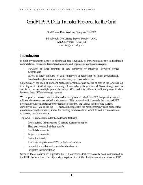 GridFTP: A Data Transfer Protocol for the Grid - Open Grid Forum