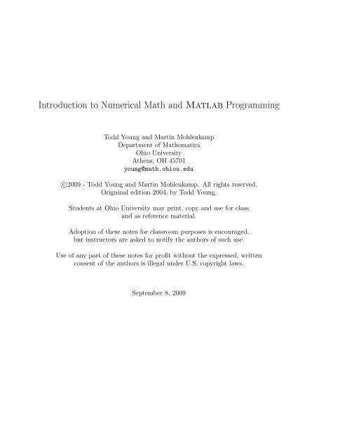 Introduction To Numerical Math And Matlab Ohio University