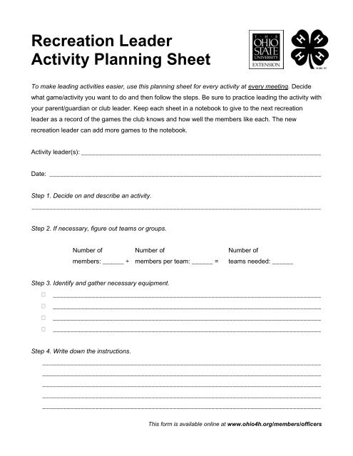 Recreation Leader Activity Planning Sheet - Ohio State 4-H