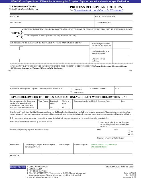 U.S. Marshal Form (285)