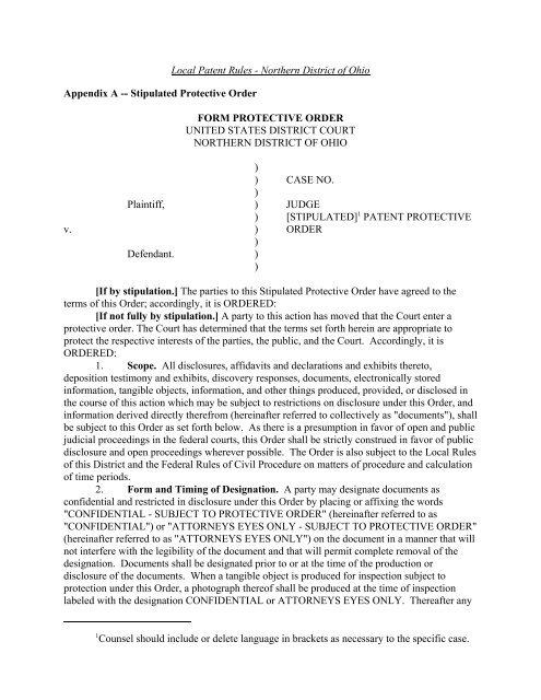 Appendix A, Stipulated Protective Order - Northern District of Ohio