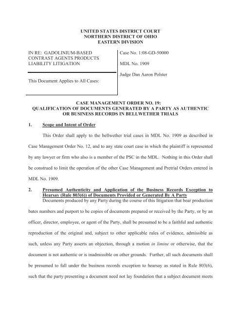 Case Management Order No. 19 - Northern District of Ohio