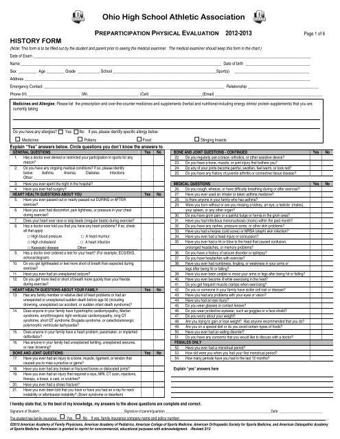 Physical Examination Form - Ohio High School Athletic Association