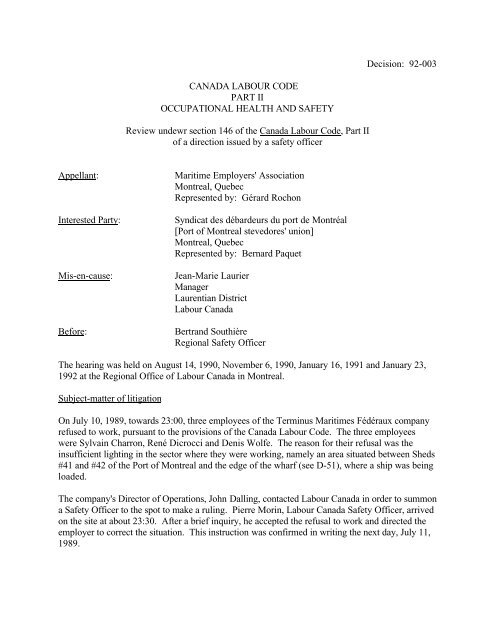 Decision: 92-003 CANADA LABOUR CODE PART II - Occupational ...