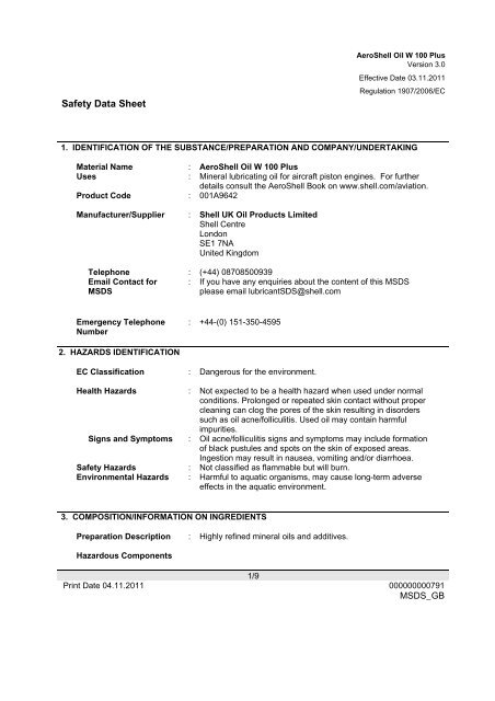 View AeroShell W100 Plus Oil MSDS