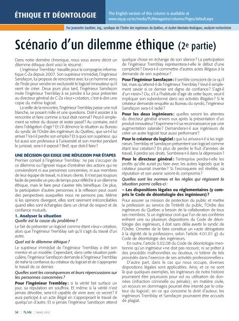 Scénario d'un dilemme éthique - Ordre des ingénieurs du Québec