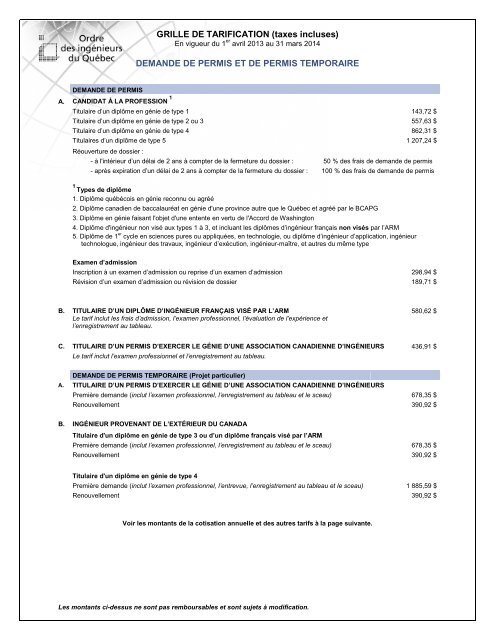 Grille de tarification - Ordre des ingénieurs du Québec