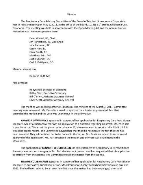 Minutes - Oklahoma Board of Medical Licensure and Supervision