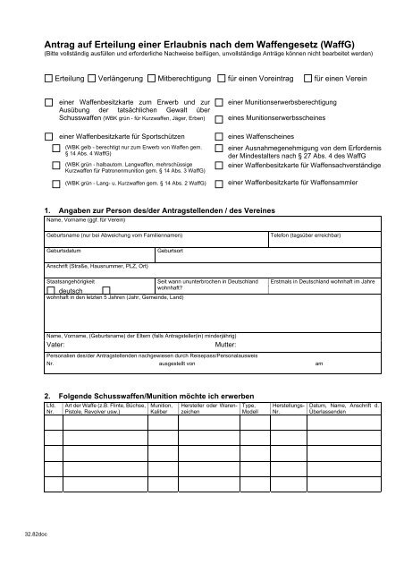 Antrag auf Erteilung einer Erlaubnis nach dem Waffengesetz (WaffG)