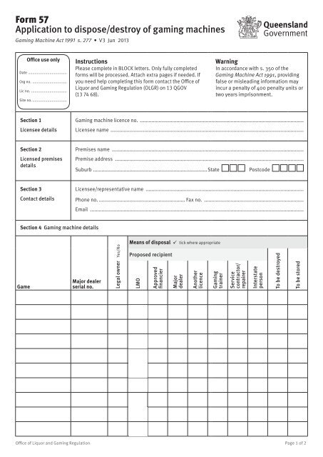 Form 57: Application to dispose of/destroy gaming machines (PDF ...