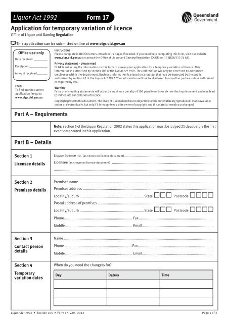 Liquor Licence Form 17 Application for Temporary Variation of Licence