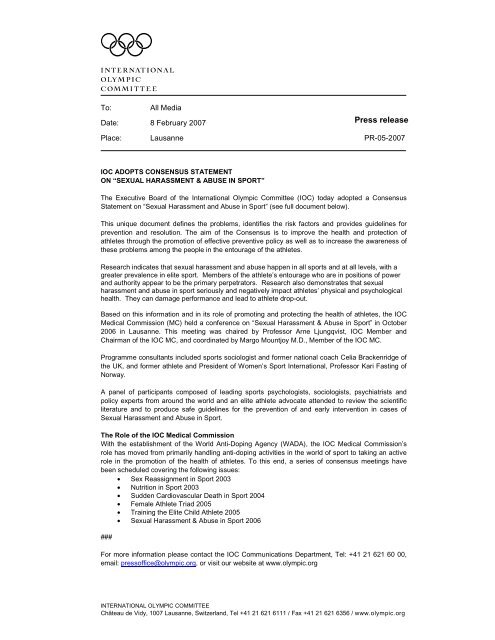 Consensus Statement: Sexual harassment and abuse in sport Consensus Statement: Sexual harassment and abuse in sport