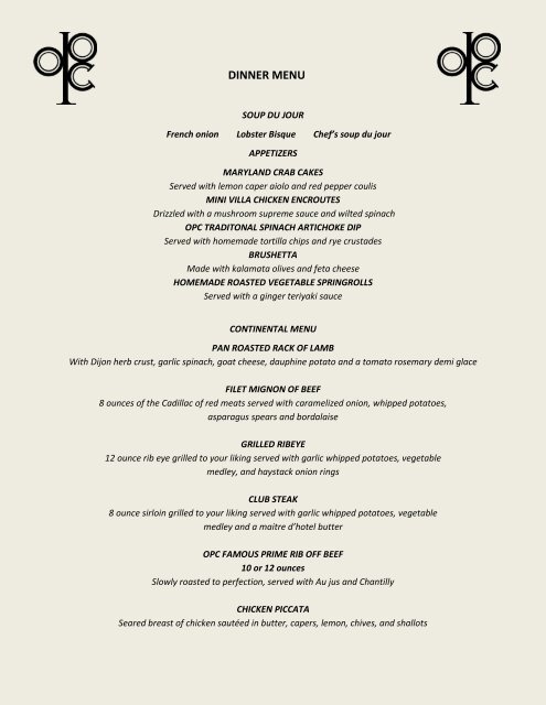DINNER MENU - The Omaha Press Club