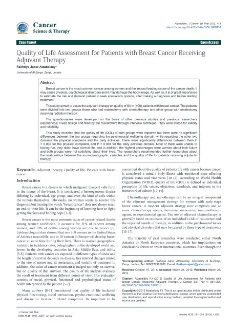 Quality of Life Assessment for Patients with Breast Cancer Receiving ...
