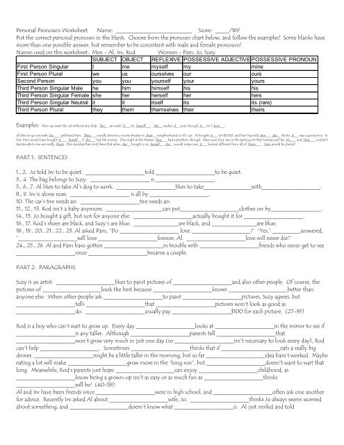 Personal Pronouns Worksheet Revise Personal Pronouns Word Classes By