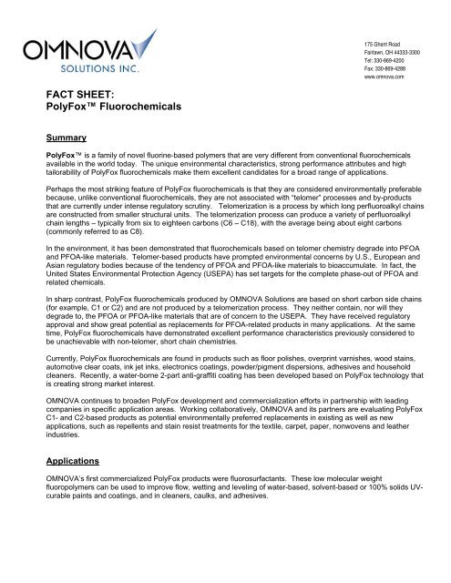 FACT SHEET: PolyFoxâ ¢ Fluorochemicals - Omnova