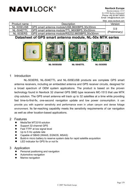 Datasheet of GPS smart antenna module, NL-50x MTK ... - OMTEC