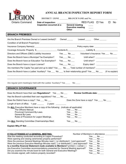 Annual Branch Inspection Report Form - Ontario Command