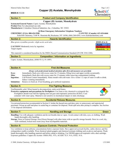 Copper (II) Acetate, Monohydrate