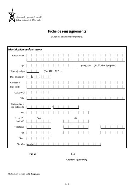 Fiche de renseignements - ONE
