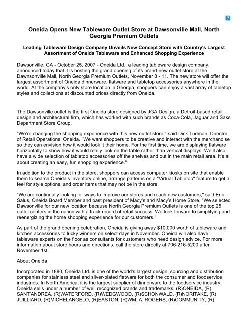 Oneida Opens New Tableware Outlet Store at Dawsonville Mall ...