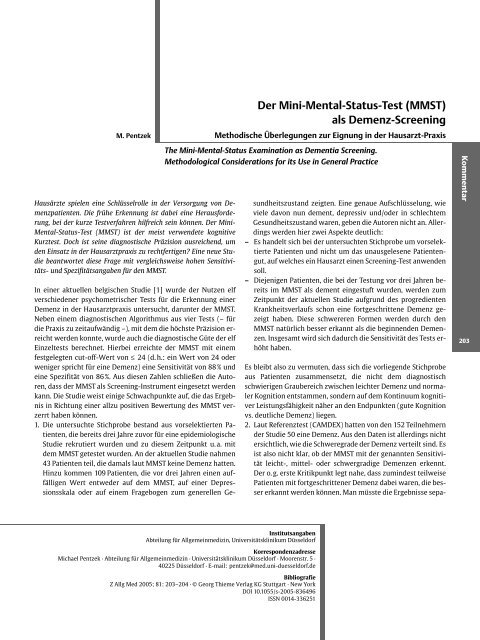 Der Mini-Mental-Status-Test (MMST) als Demenz-Screening