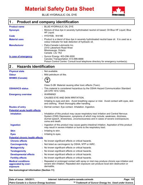 8877 BLUE HYDRAULIC OIL DYE (English (GB ... - Petro-Canada