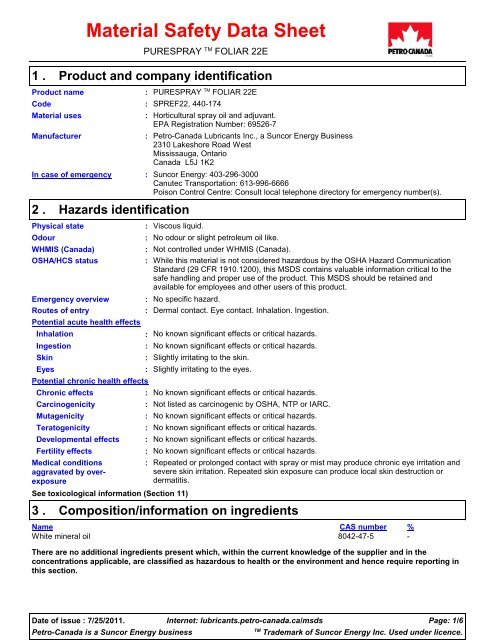 PURESPRAY TM FOLIAR 22E - Petro-Canada
