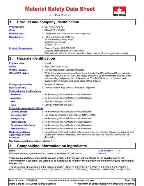 3605 ULTRAGRADE 70 (English (GB)) PC MSDS ... - Petro-Canada