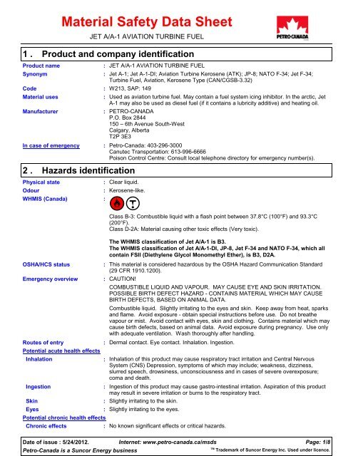 8837 JET A_A-1 AVIATION TURBINE FUEL ... - Petro-Canada