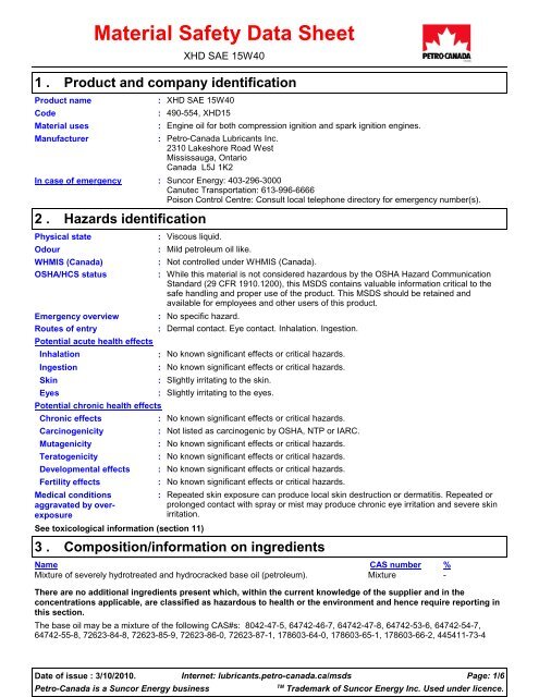 0217 XHD SAE 15W40 (English (GB)) PC MSDS NA ... - Petro-Canada