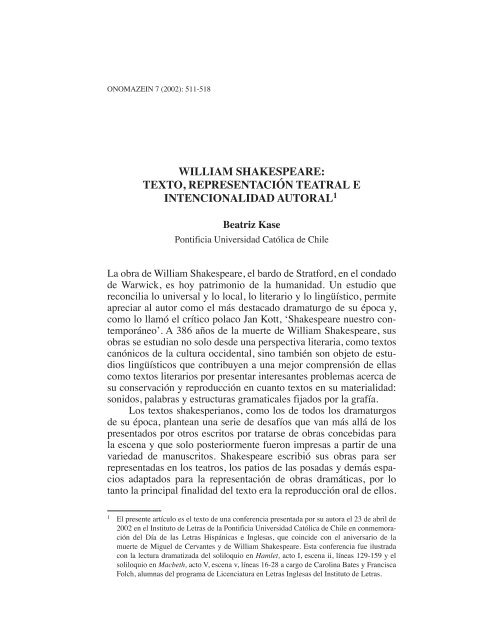 William Shakespeare: texto, representaciÃ³n teatral e ... - OnomÃ¡zein