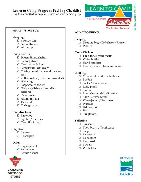 Learn to Camp Program Packing Checklist - Ontario Parks