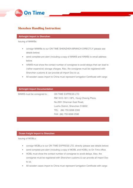 Shenzhen Handling Instruction: - On Time Express Ltd.