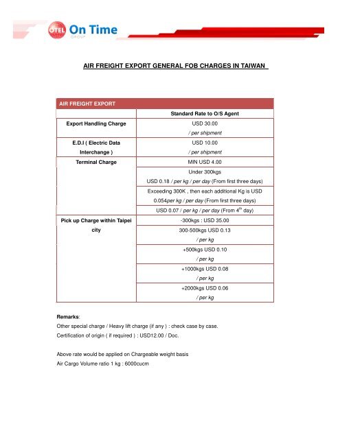 air freight export general fob charges in taiwan - On Time Express Ltd.