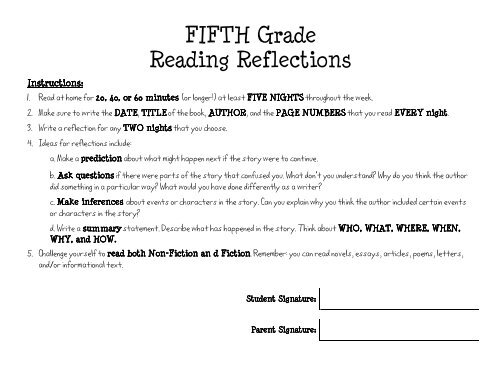 FIFTH Grade Reading Reflections