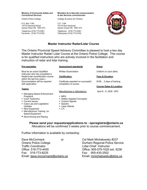 Master Instructor Radar/Lidar Course - Ontario Police College