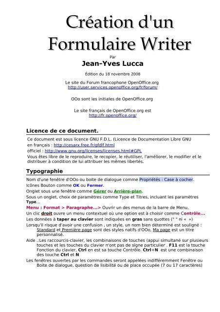 CrÃ©ation d'un Formulaire Writer - OpenOffice.org