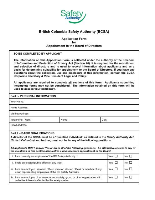 Application Form for Appointment to the Board of Director