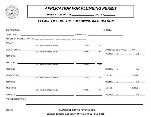 APPLICATION FOR PLUMBING PERMIT - City of Cerritos