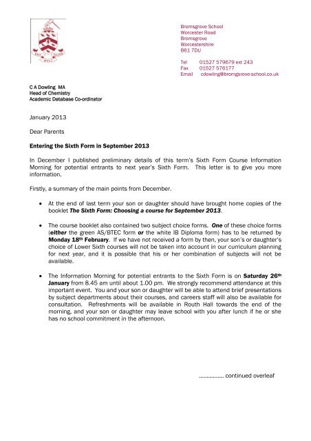 6th Form Choices Letter - Bromsgrove School