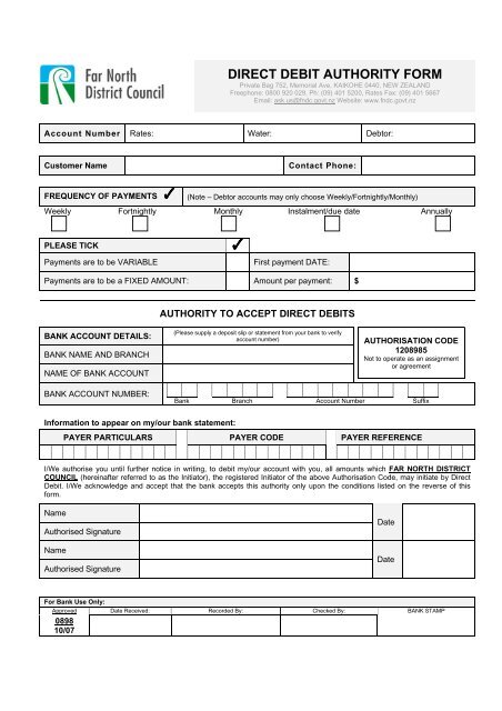 DIRECT DEBIT AUTHORITY FORM - Far North District Council